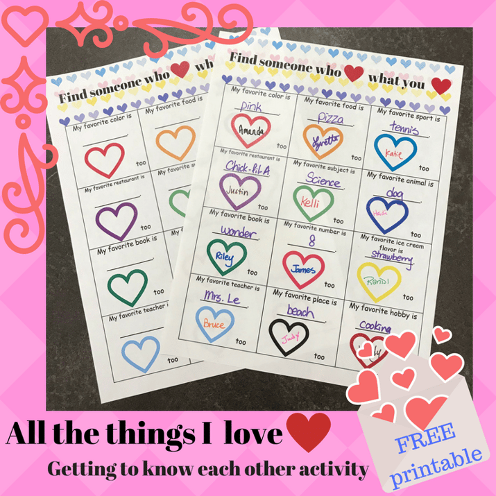 Valentine's Day Classroom Activity - Find who loves what you love!